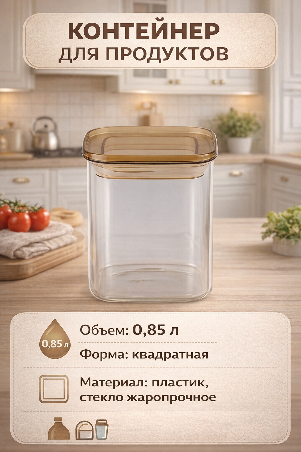 Контейнер для продуктов TODELIA High tech 0,85л, квадратный, стекло, пластик