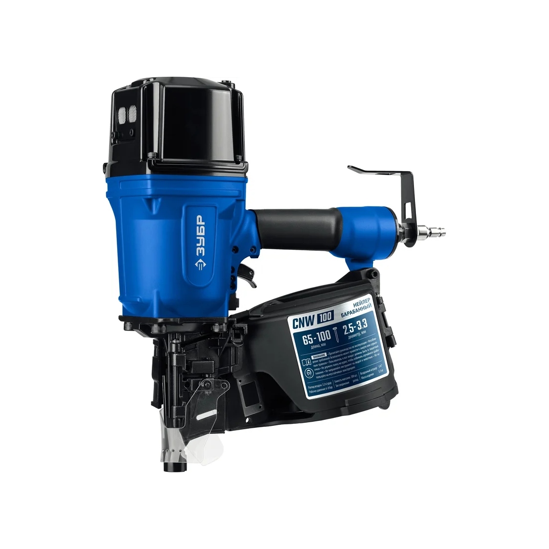 Пневматический барабанный нейлер Зубр CNW-100 Профессионал 31915, барабанные (CNW) гвозди 65-100 мм, 3.2 л/удар, синий