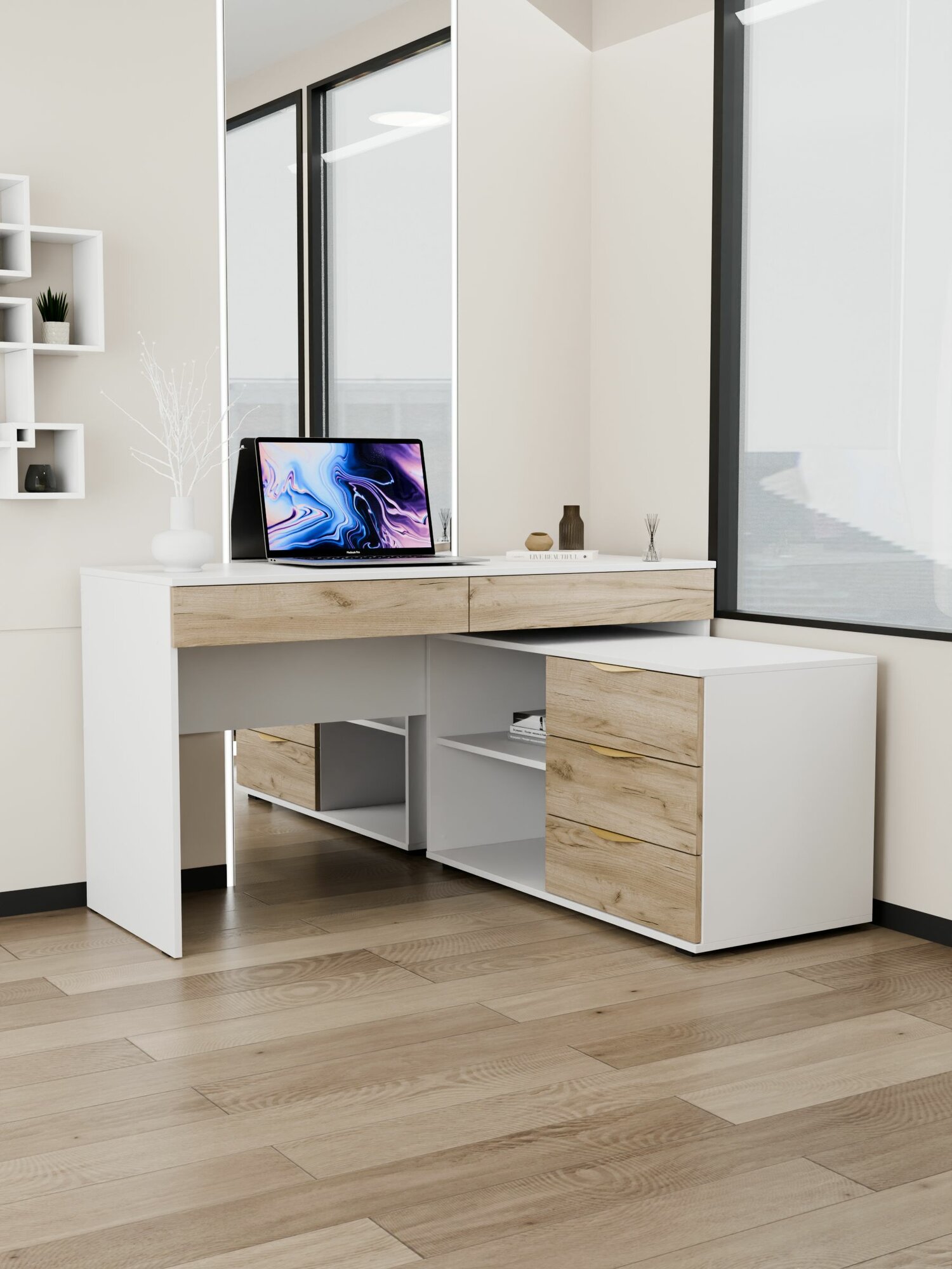 Изумлит Стол письменный с тумбой Корнер 135х52х75.5 см, белый-дуб крафт серый