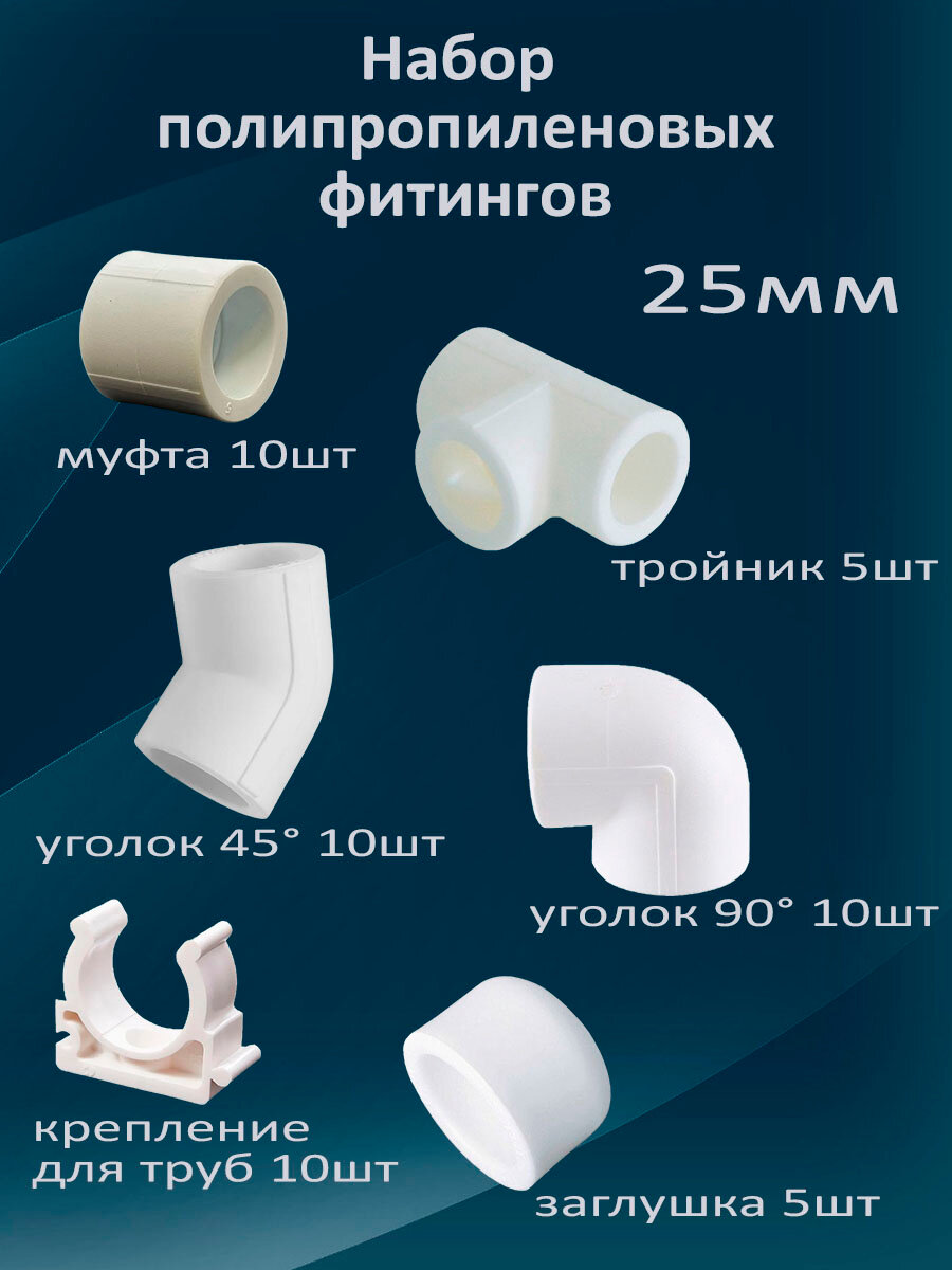 Набор полипропиленовых фитингов, 25 мм, (Муфта 10шт, Уголок 45 10шт, Уголок 90 10шт, Тройник 5шт, Заглушка 5шт, Крепление для труб 10шт)