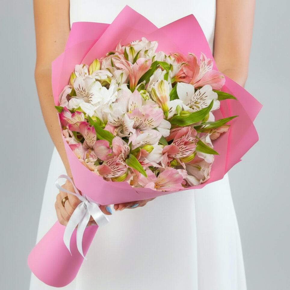 Букет Мегацвет24 "Альстромерии", 9 шт, белый/розовый, дизайнерская упаковка