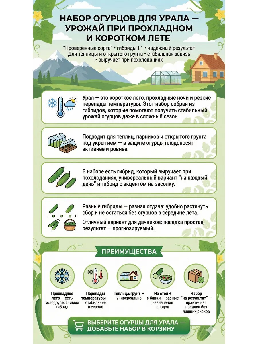 Набор семян огурцов для Урала для открытого грунта и теплиц, 3 сорта — фото 1