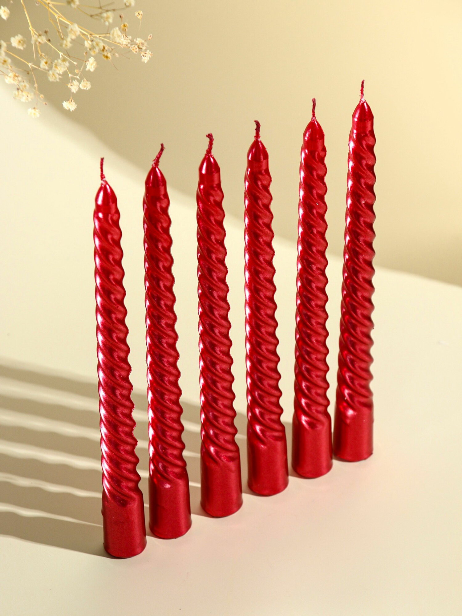 Набор свечей витых, 1.9x20 см, 6 шт, рубиновый металлик, форма свечи: витая