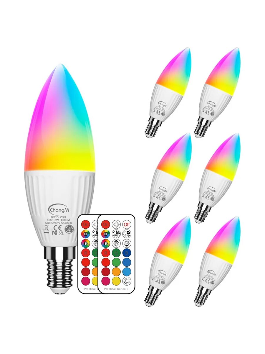 Светодиодная лампа-свеча E14, RGB/холодный белый, 6 штук, 12 цветов, 2 режима, таймер, дистанционное управление