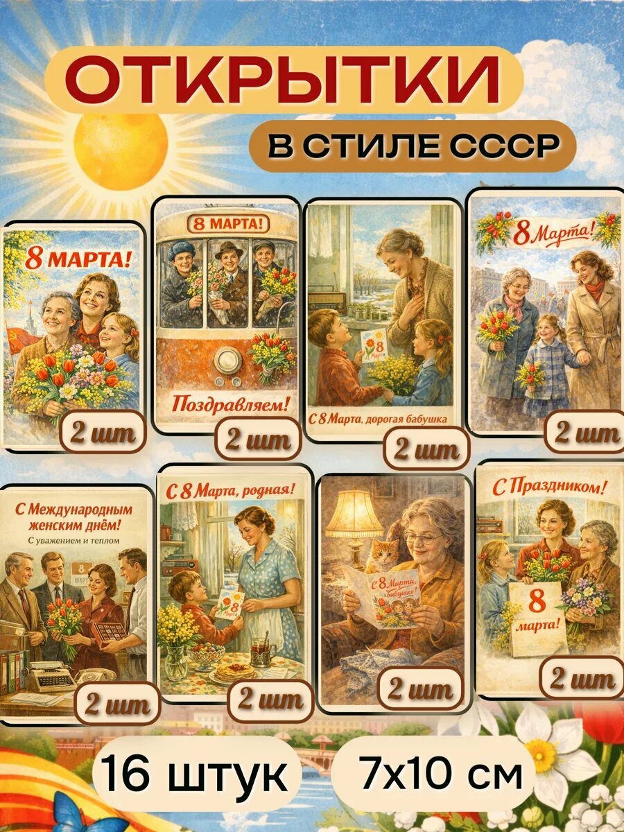 Набор мини открыток к 8 марта в стиле СССР 16 шт 5х7см