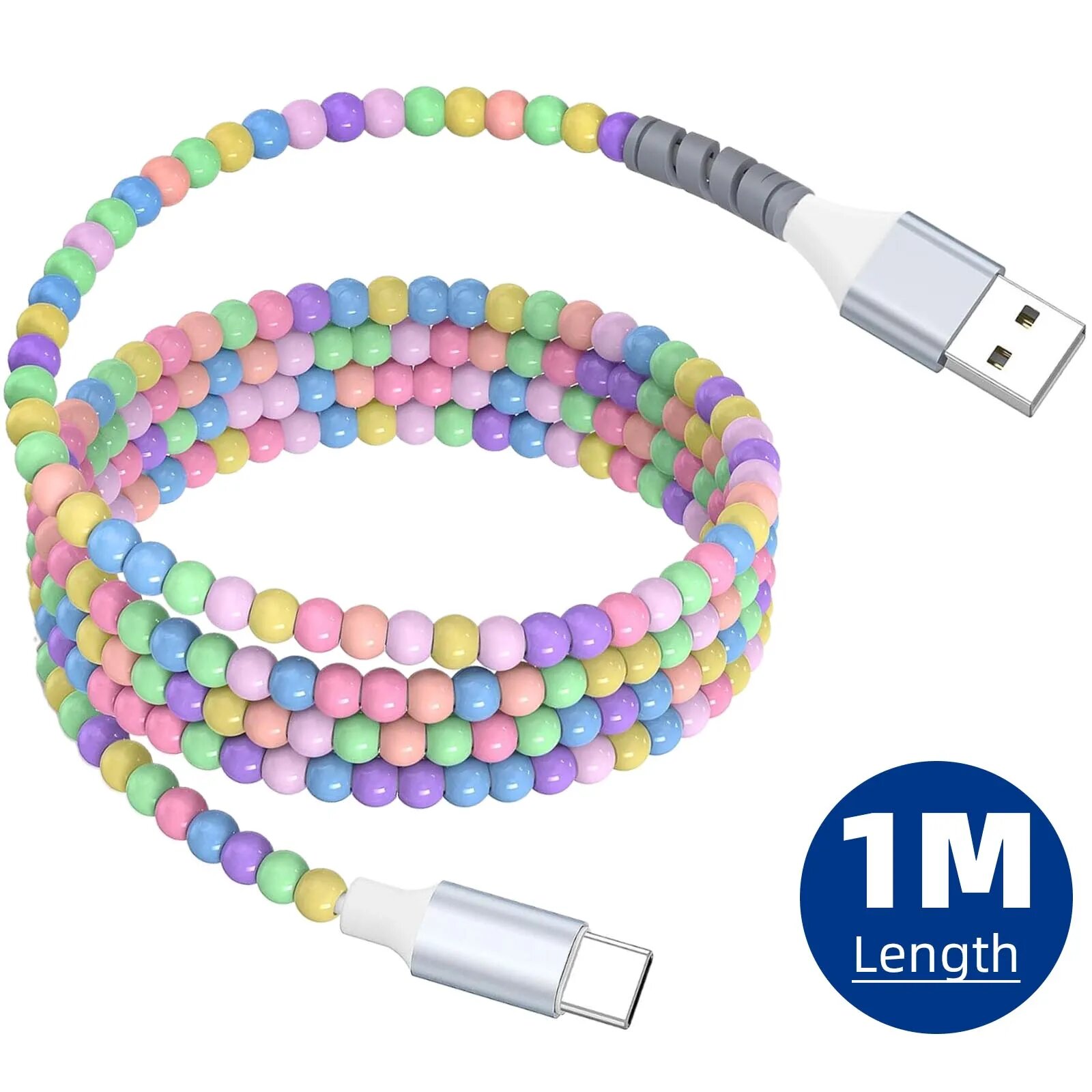 Зарядный кабель USB-C с бусинами, 1M, Colorful