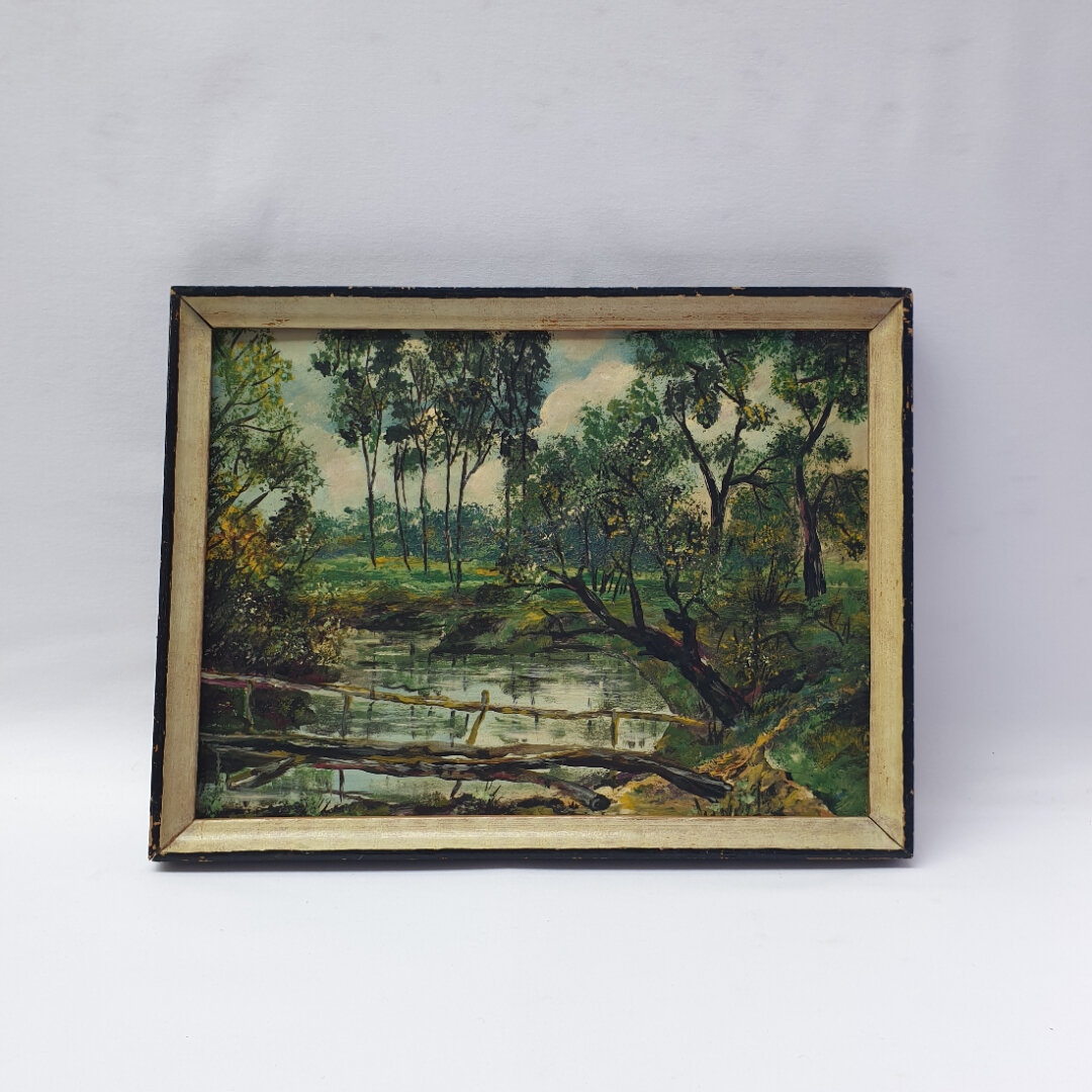 Винтажная картина Пруд в летний день , холст, масло, 42х32 см. В. Рум СССР.