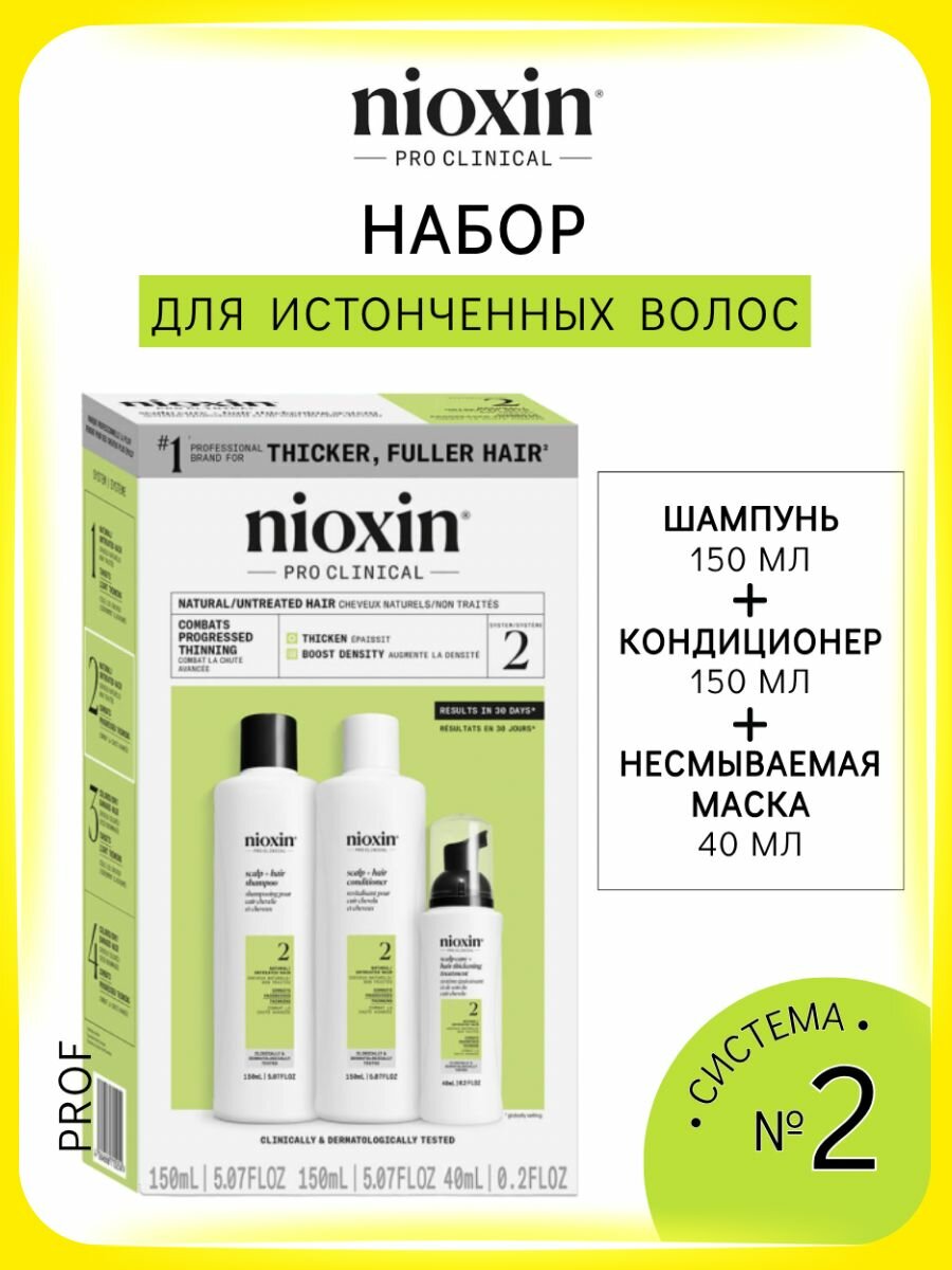 Nioxin Scalp+Hair System 2 Набор для натуральных истонченных волос (шампунь + кондиционер + маска), система 2 / Ниоксин Скальп набор средств от выпадения для натуральных поврежденых волос