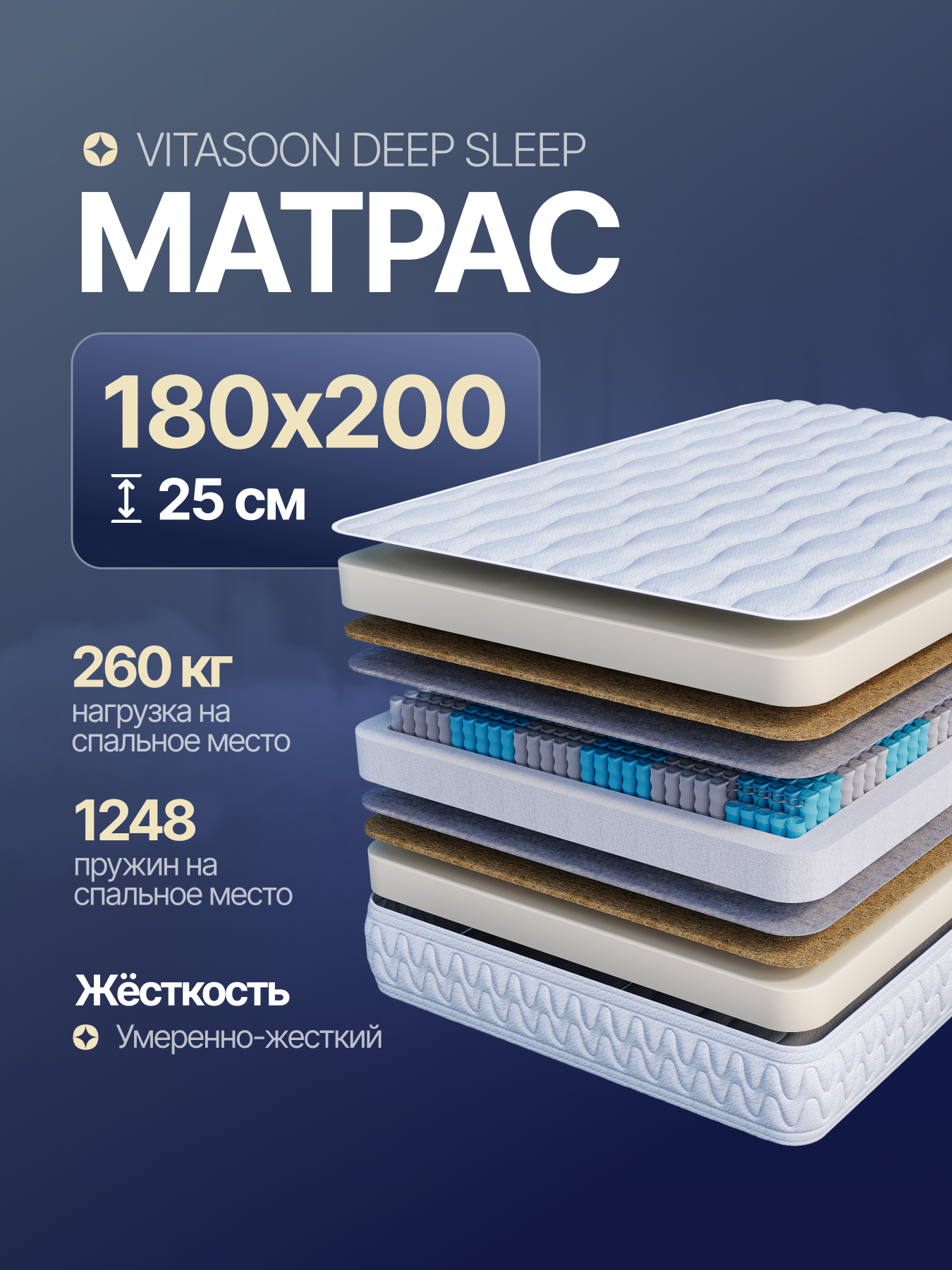 Матрас 180х200 ортопедический пружинный высота 25 см Vitasoon Deep Sleep двуспальный