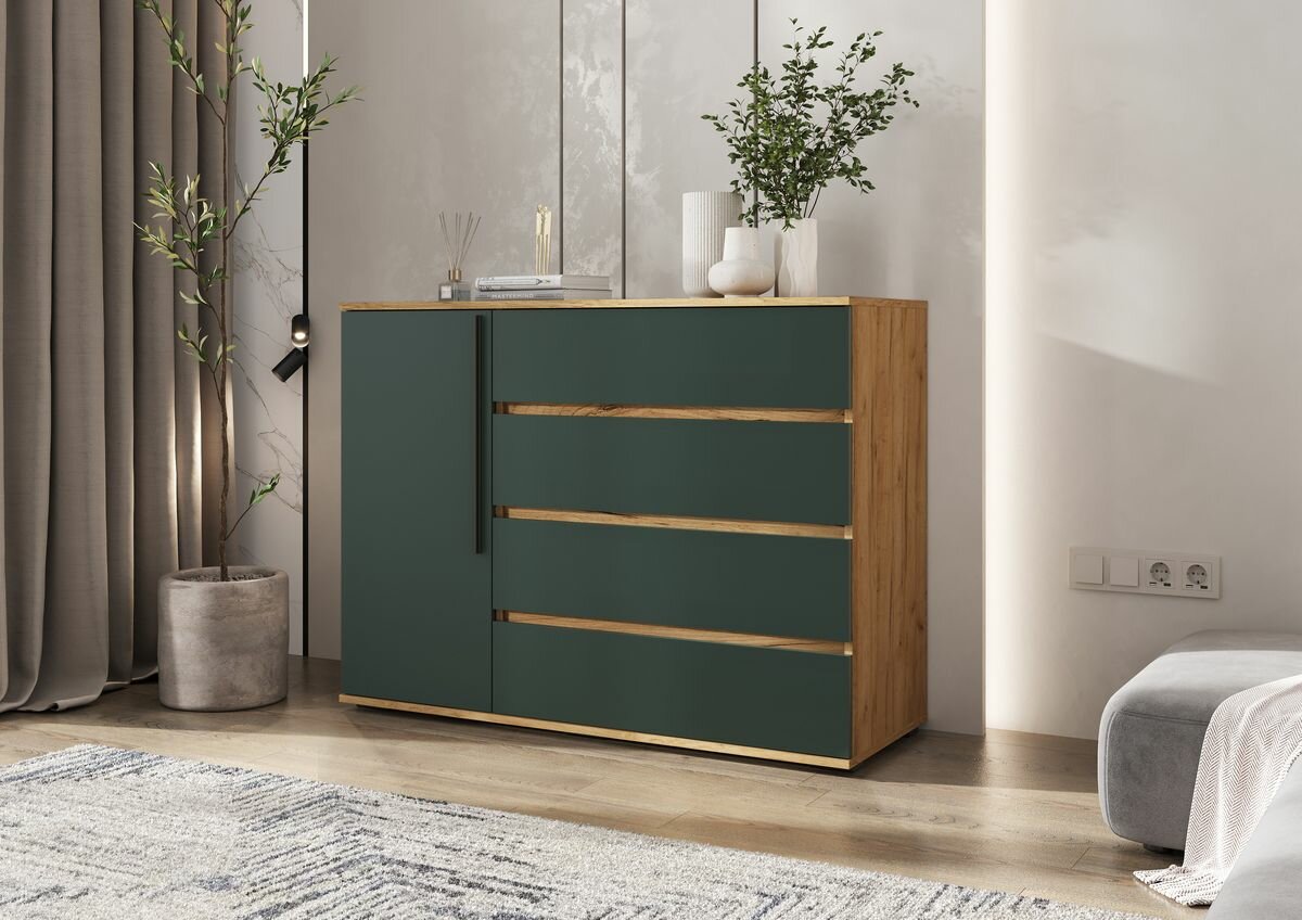 Комод Норд 1 дверь 4 ящика (1200) (в цвете: Изумрудный, Дуб Крафт)