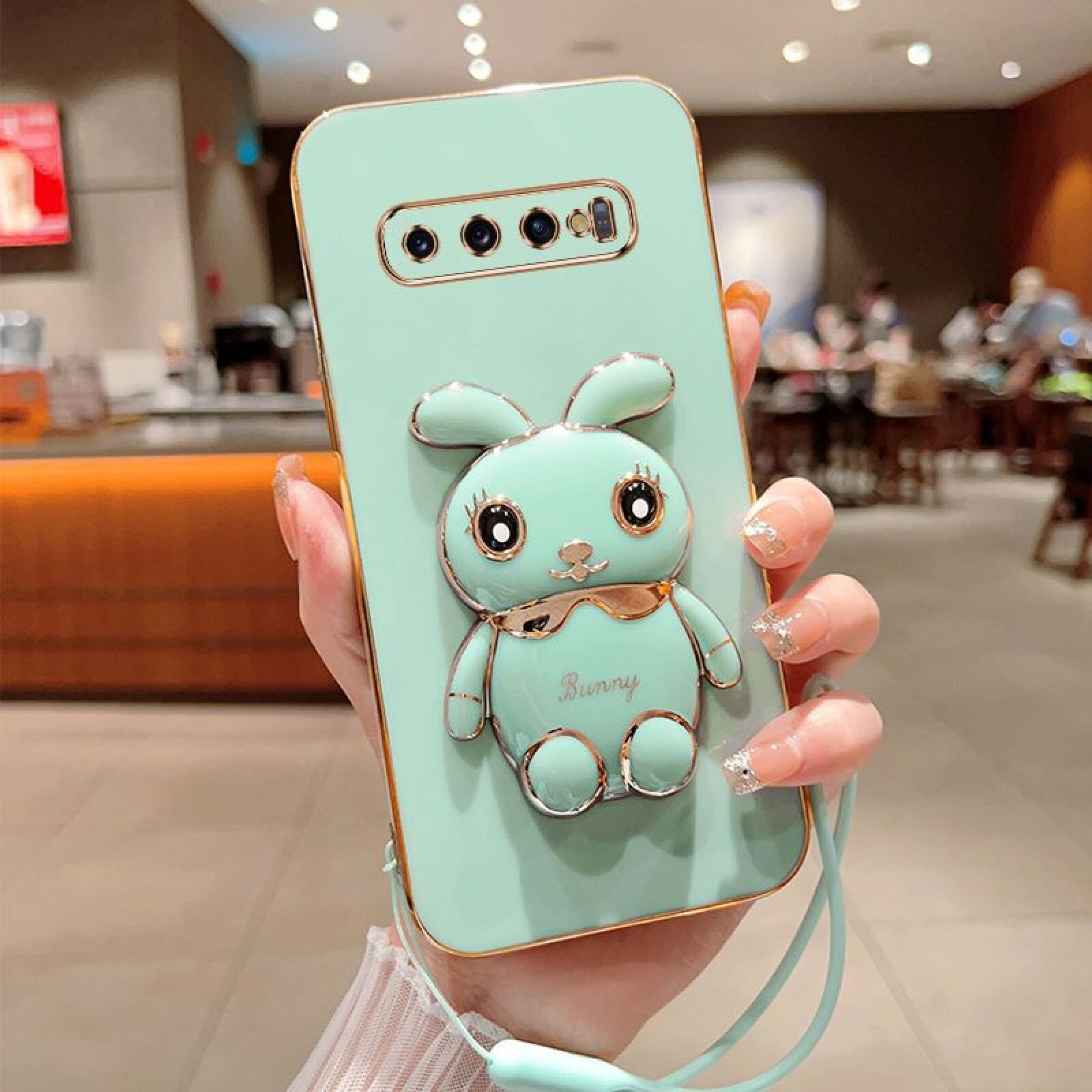 Чехол MyPads для Samsung Galaxy S10 с объемной подставкой в виде кролика, зеленый