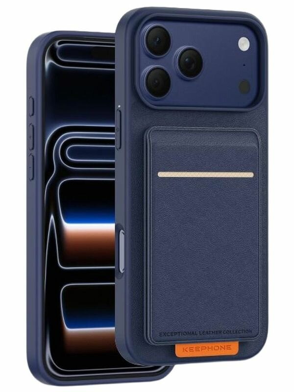 Кожаный чехол для iPhone 17 Pro Max, SUEDEA KEEPHONE с подставкой и картхолдером, синий.