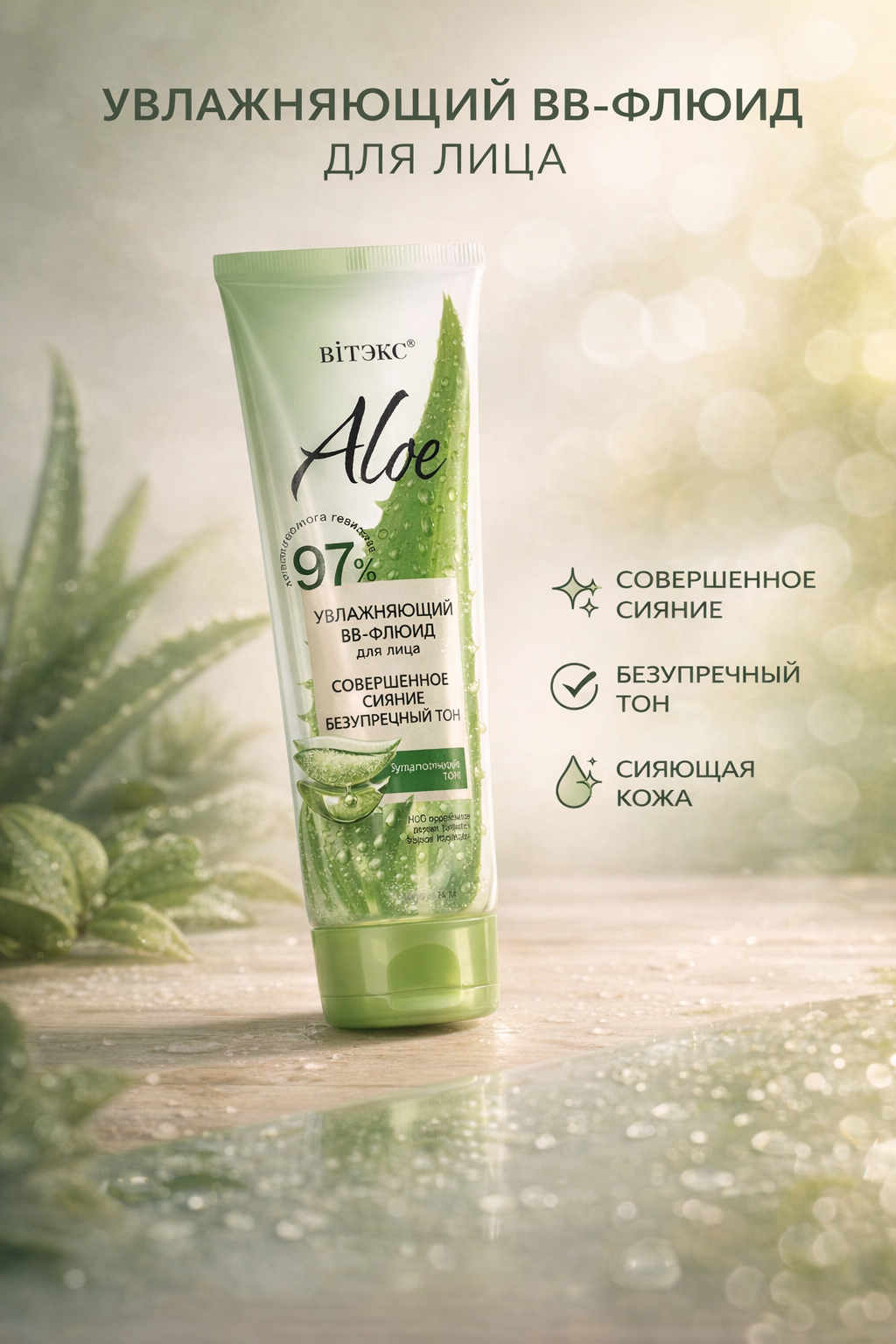 ВВ-флюид для лица «Безупречный тон и сияние» с алоэ вера 97%, увлажняющий тональный крем, 50 мл (универсальный тон)