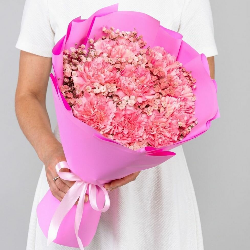 Дуо-Букет Мегацвет24 "Гвоздики и Гипсофилы", розовый, дизайнерская упаковка