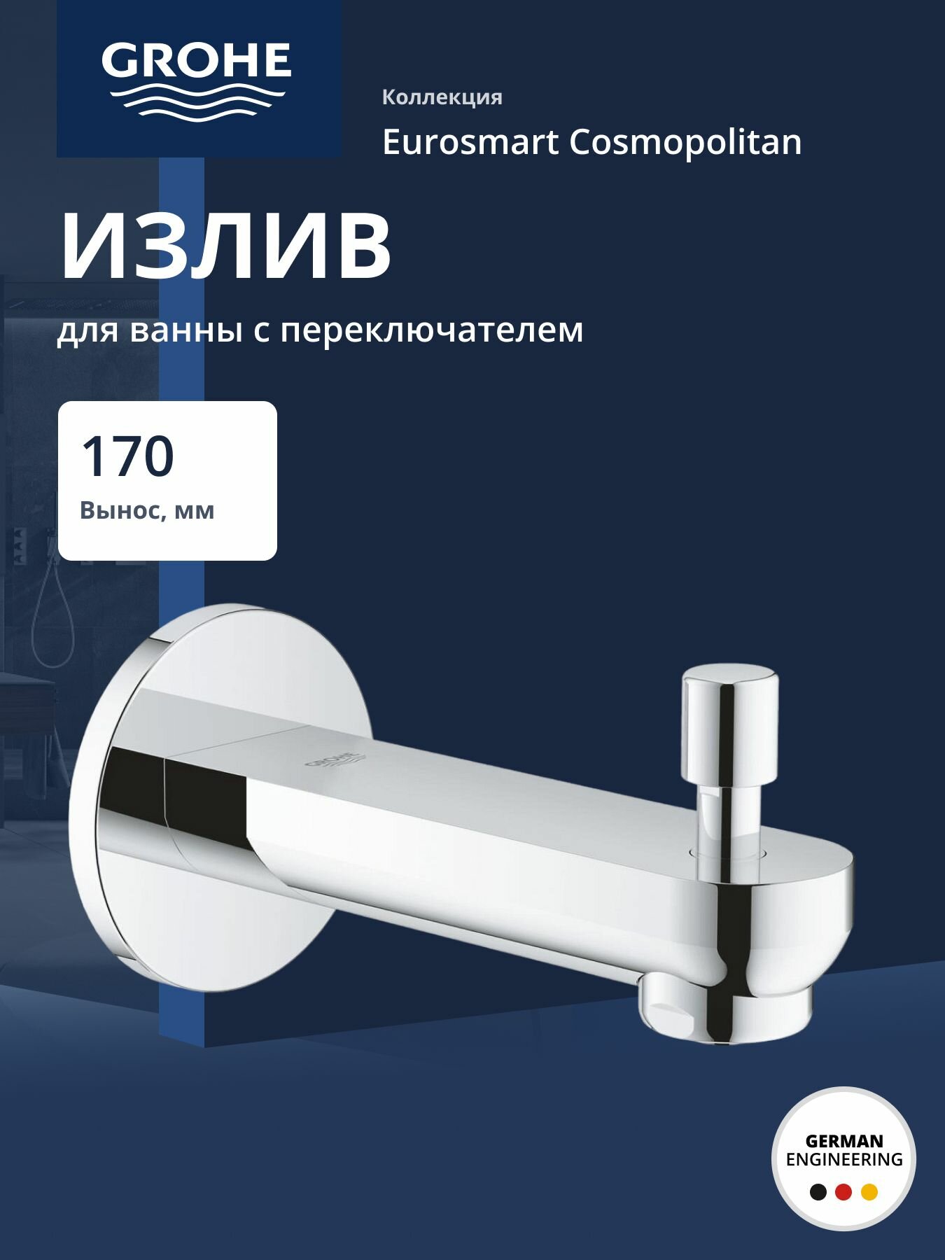 Излив для ванны GROHE Eurosmart Cosmopolitan, настенный с переключателем ванна/душ, хром (13262000)