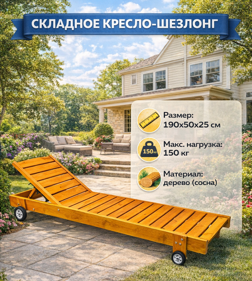 Кресло-шезлонг складное, 190х50х25 см, коричневое дерево, сосна