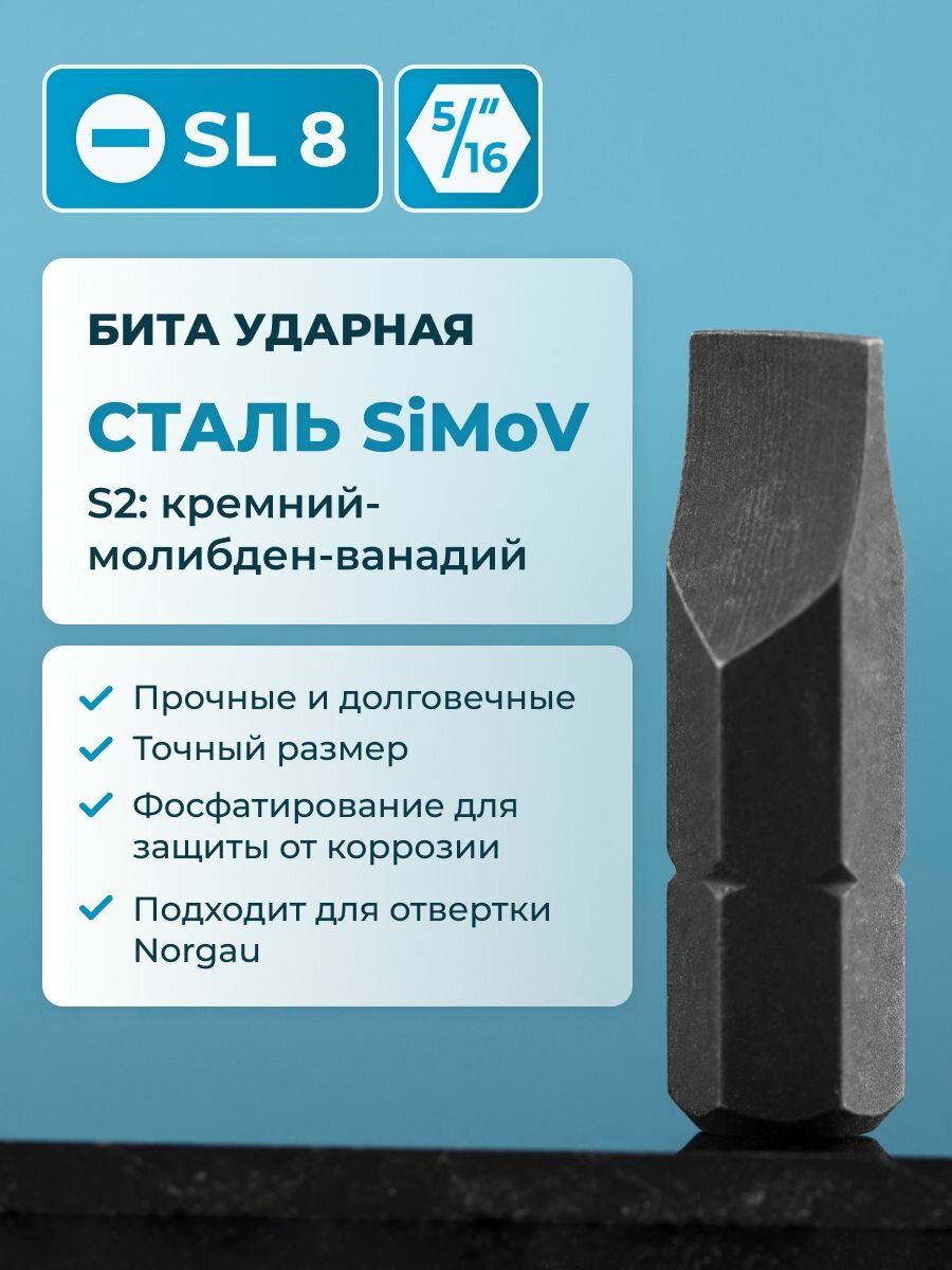 Бита ударная sl 8 NORGAU Industrial из высокопрочной SiMoV стали S2, для ударной отвертки с шестигранником 5/16"