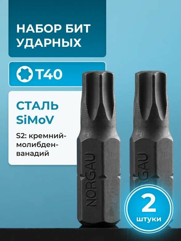 Набор бит 2 шт ударных Torx Т40 NORGAU Industrial из высокопрочной SiMoV стали S2, для ударной отвертки с шестигранником 5/16"