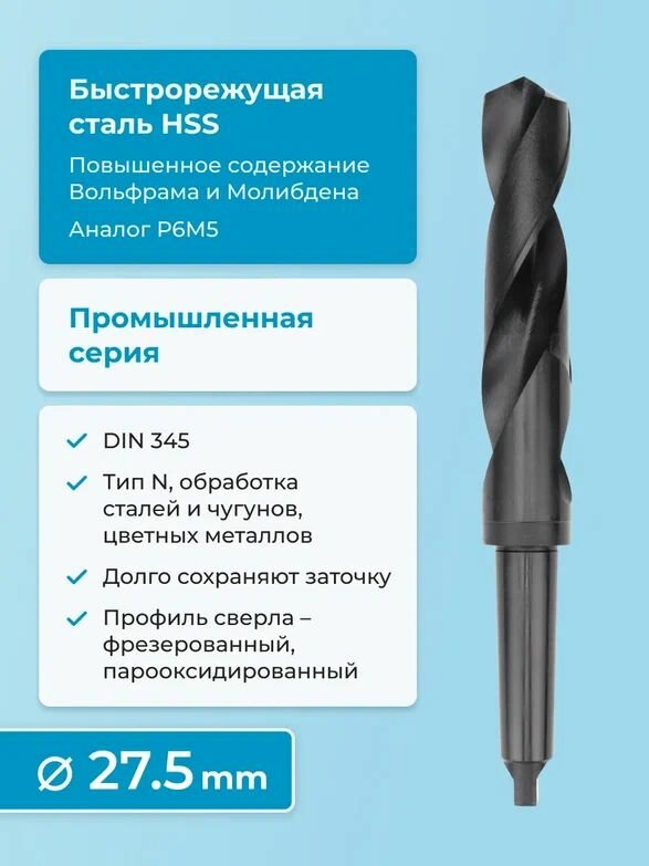 Сверло по металлу 27.5 мм NORGAU Industrial спиральное HSS фрезерованное с хвостовиком-конус Морзе, правое, DIN 345