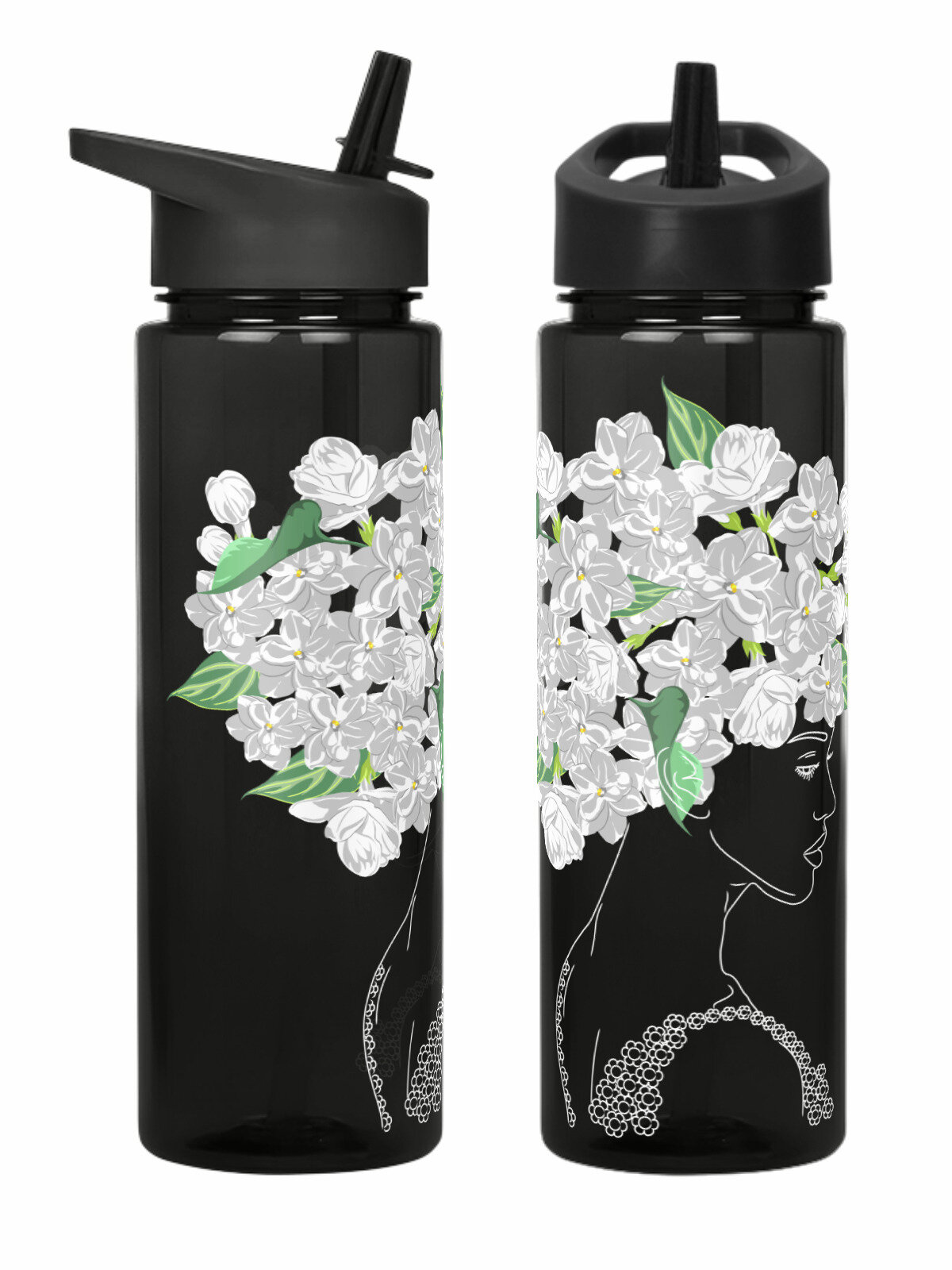 Бутылка черная для воды с принтом Цветы Сирень белая и девушка