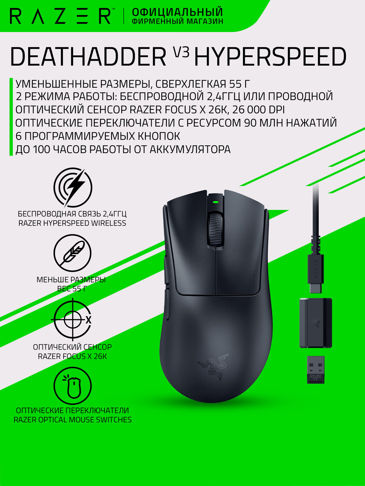 Игровая мышь Razer DeathAdder V3 HyperSpeed (Black) Беспроводная и Проводная, Частота опроса до 1000Гц, 26.000 DPI, 6 кнопок, 55 г