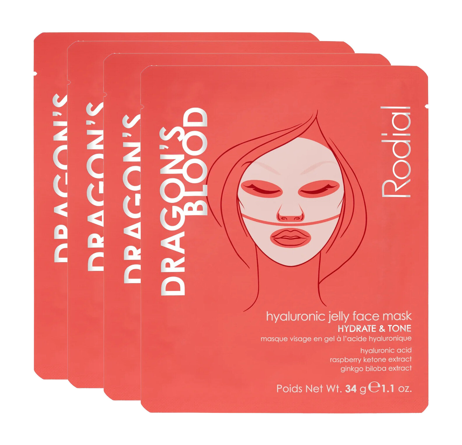 Набор из гидрогелевых масок для лица RODIAL Dragon's Blood Hyaluronic Jelly Face Mask Pack, 4х34 г
