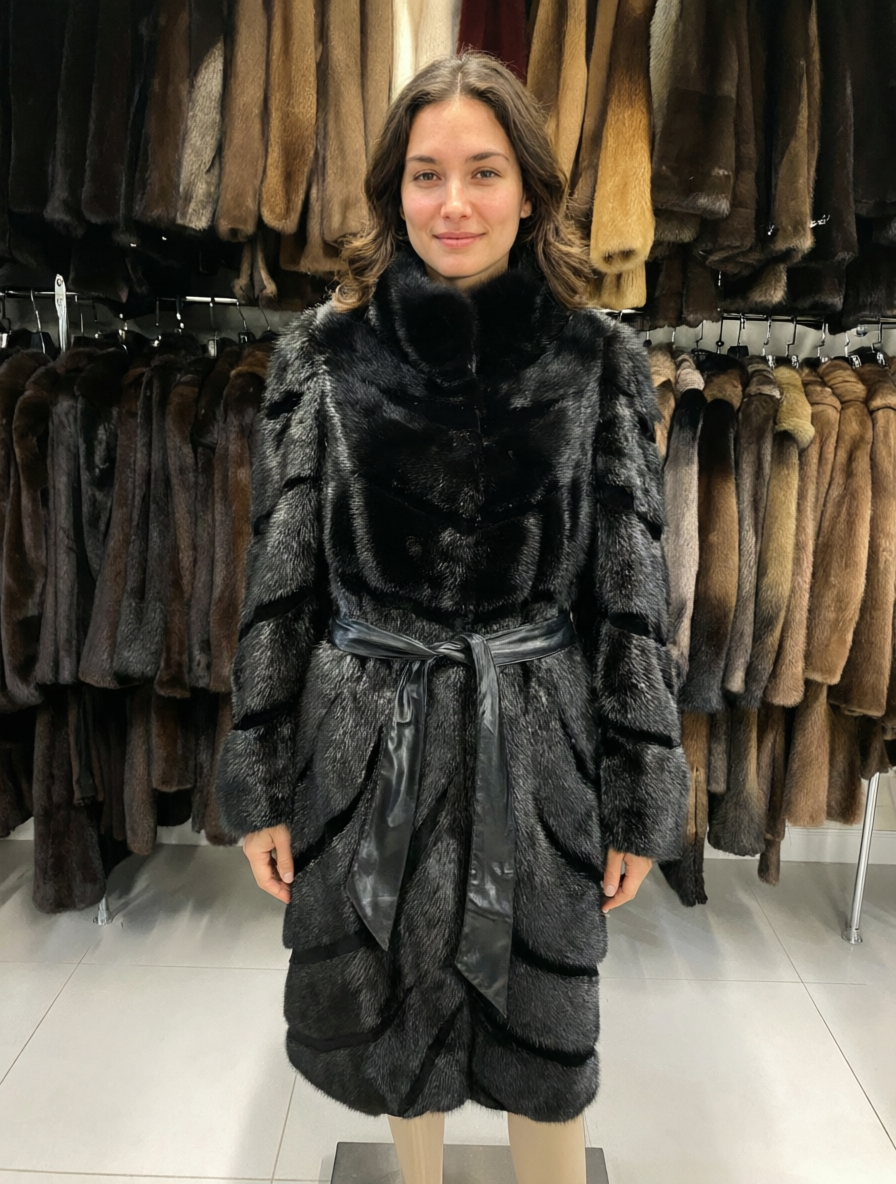 Шуба. Норка натуральная. Чёрная. Поперечная 44-46 р.