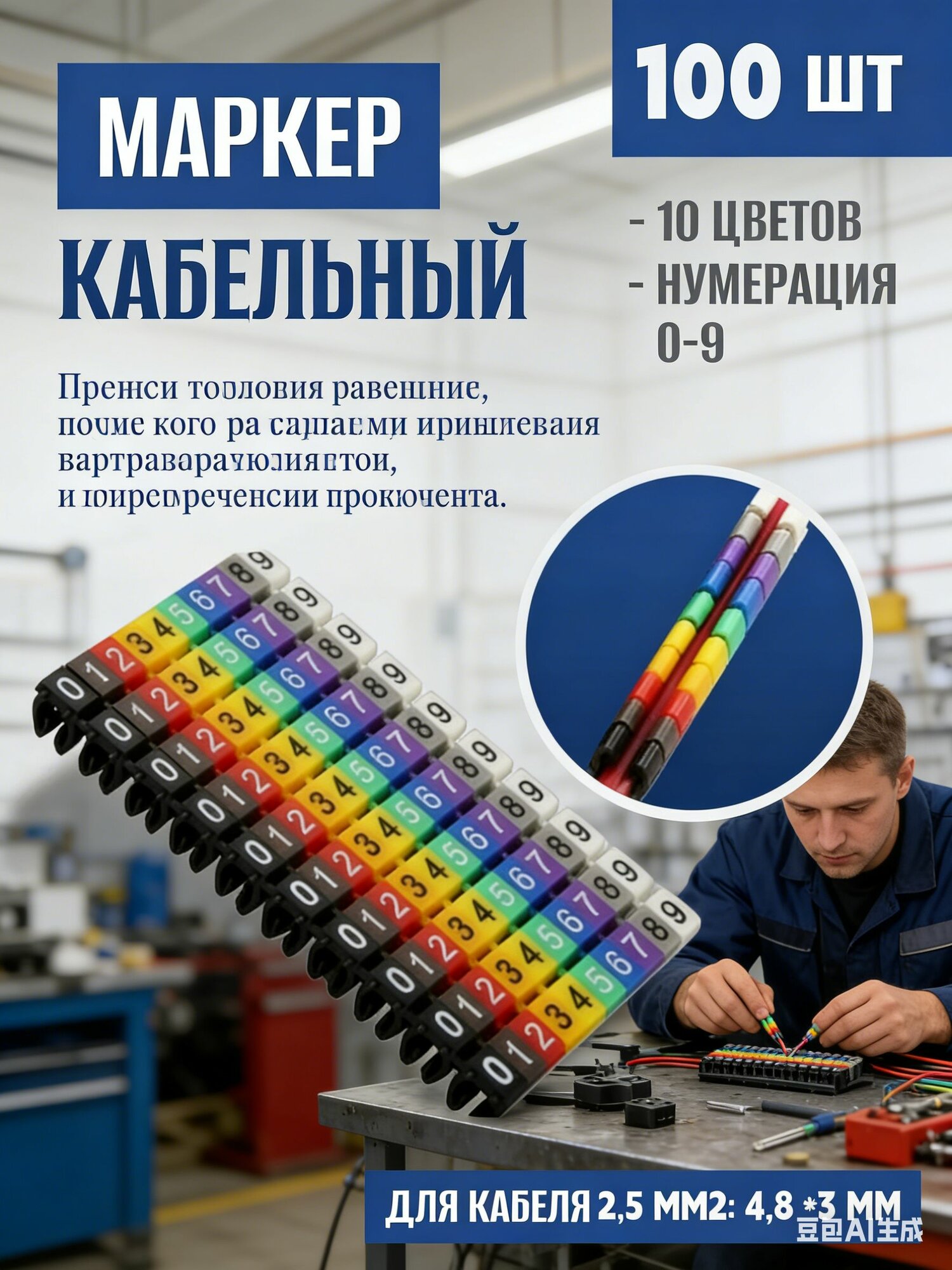 Маркеры кабельные, бирка для проводов, клипса с маркировкой 2,5мм набор 100шт.