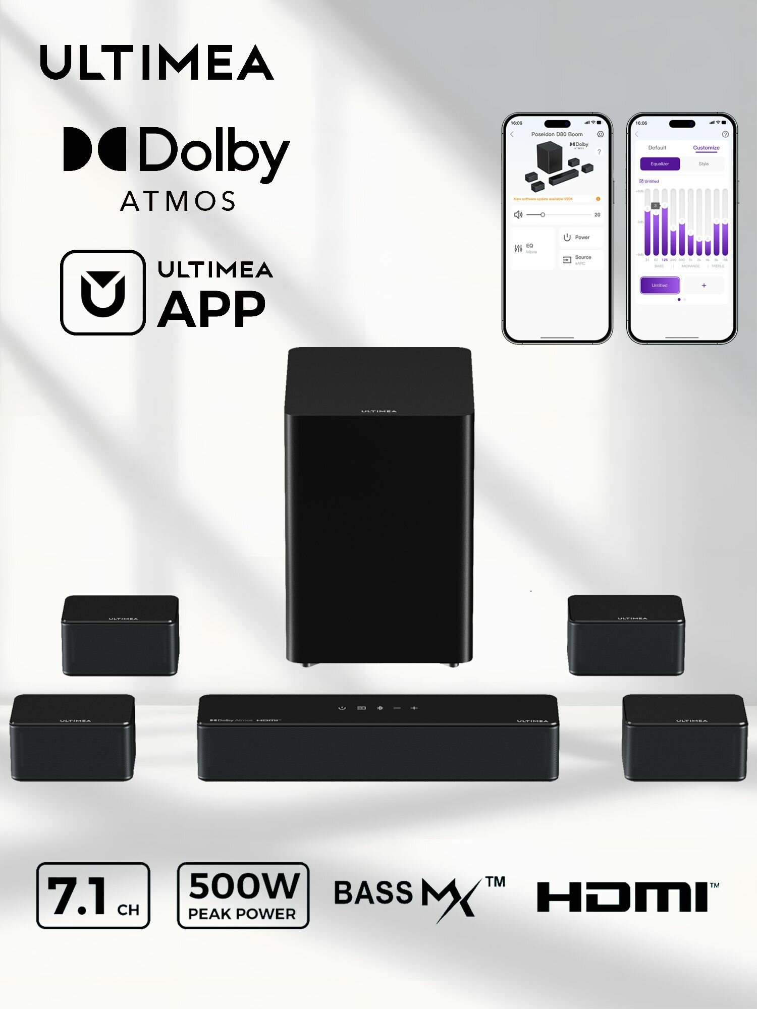 ULTIMEA 500W Саундбар с 7.1 Звуком, 6.5" Сабвуфер, 4 Проводных Динамика, Домашний Кинотеатр, Управление через Приложение (2025)