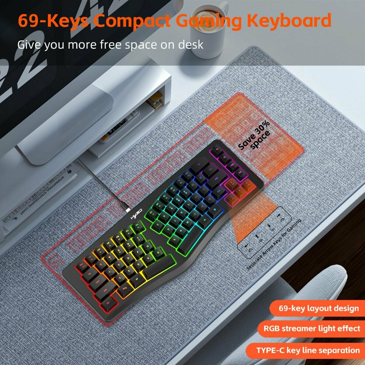 Эргономичная игровая клавиатура HXSJ V70 69 клавиш, RGB-подсветка, мембранная, с отсоединяемым Type-C кабелем, для офиса и игр