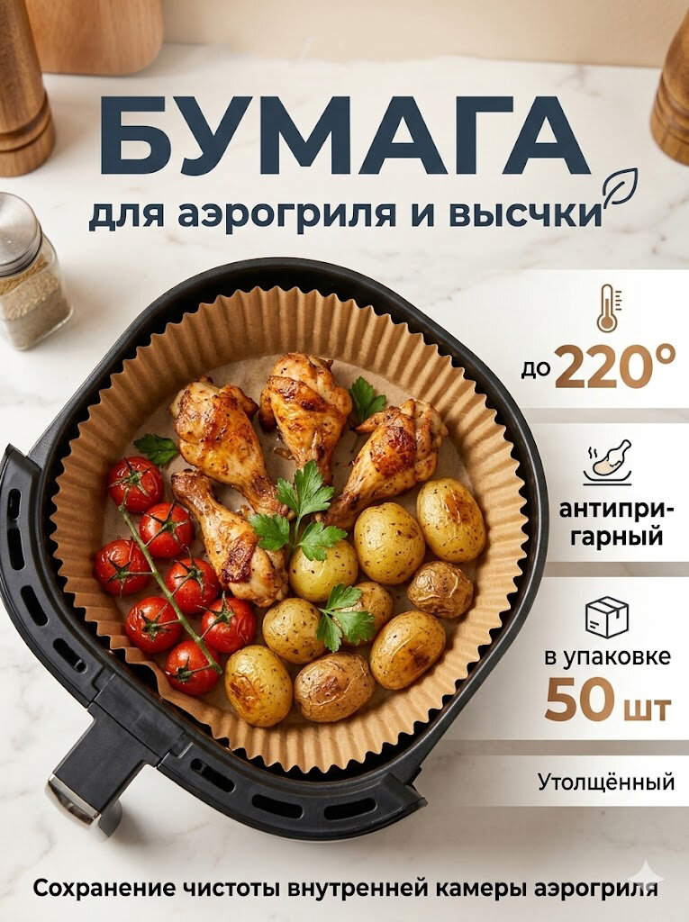 Пергамент вкладыш для аэрогриля, пергаментная бумага для выпечки, форма для выпечки бумажная, цвет бежевый, 20 см, 50 шт