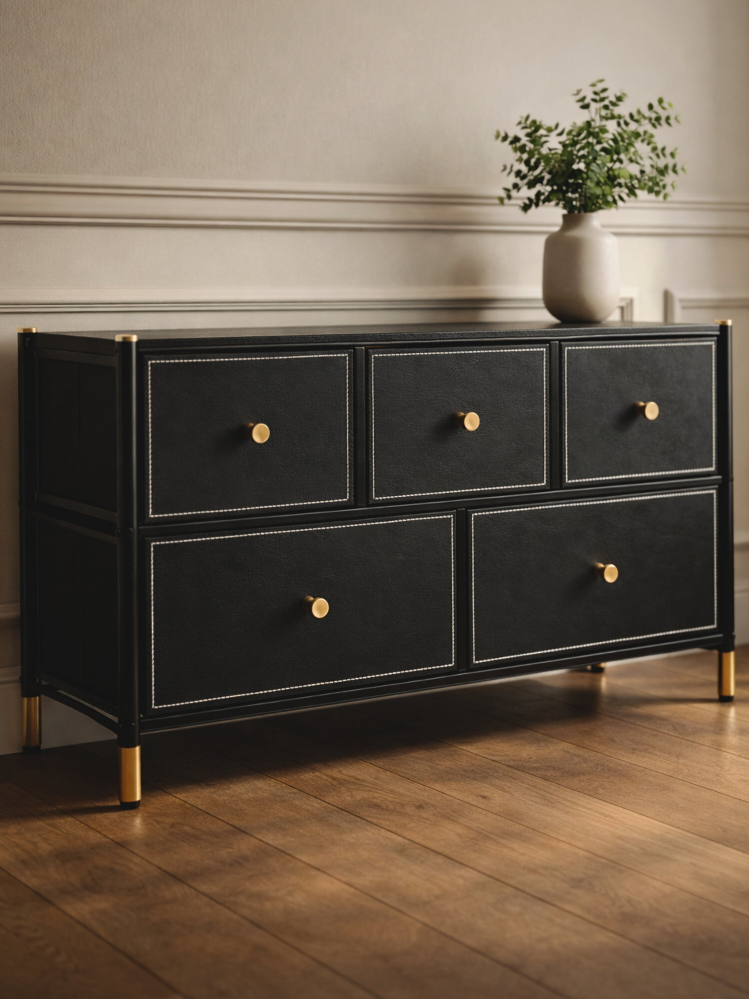 Комод черный широкий MOKKA с 5 ящиками для одежды, узкий 30 см, 100*59*30, экокожа, металлический каркас