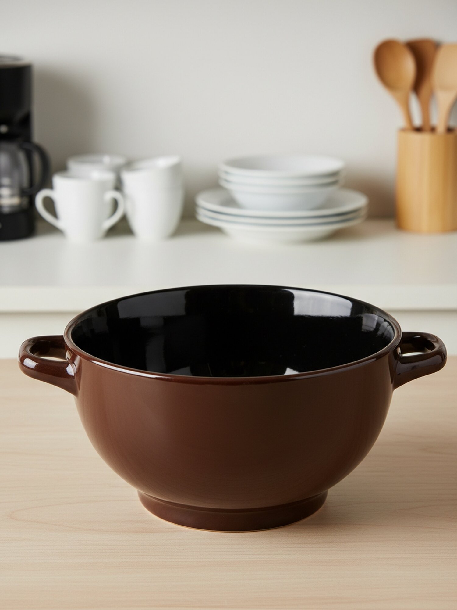 Бульонница керамическая ТМ Глория Кухня, 650 мл, коричневая супница с ручкой для сервировки стола, 13х8 см, 202534