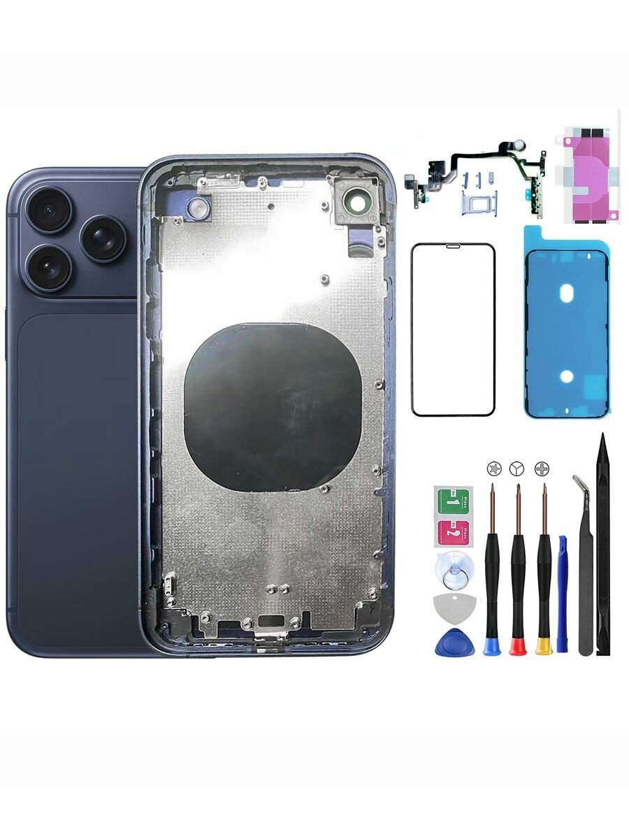 DIY комплект задней крышки, совместим с iPhone XR до 17 Pro, для самостоятельной замены с инструментами（синий）
