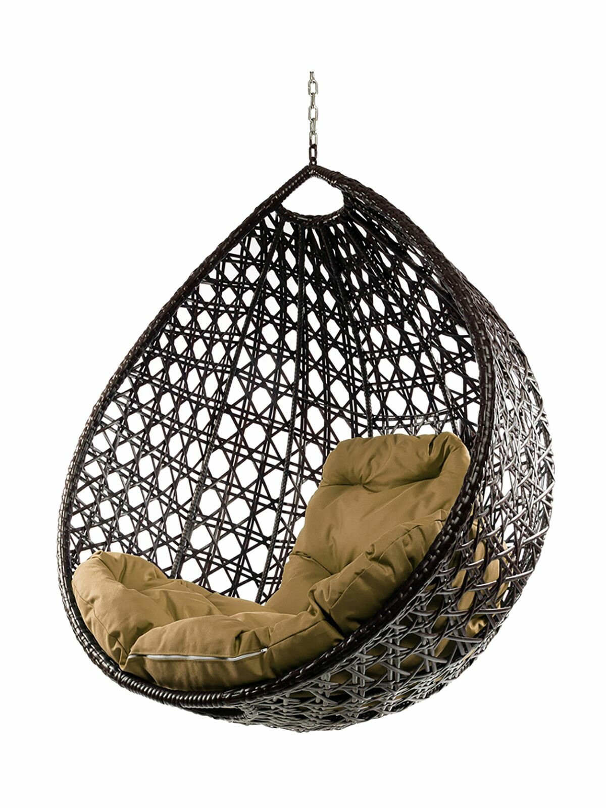 Подвесное кресло капля люкс (без стойки), с ротангом коричневое, бежевая подушка