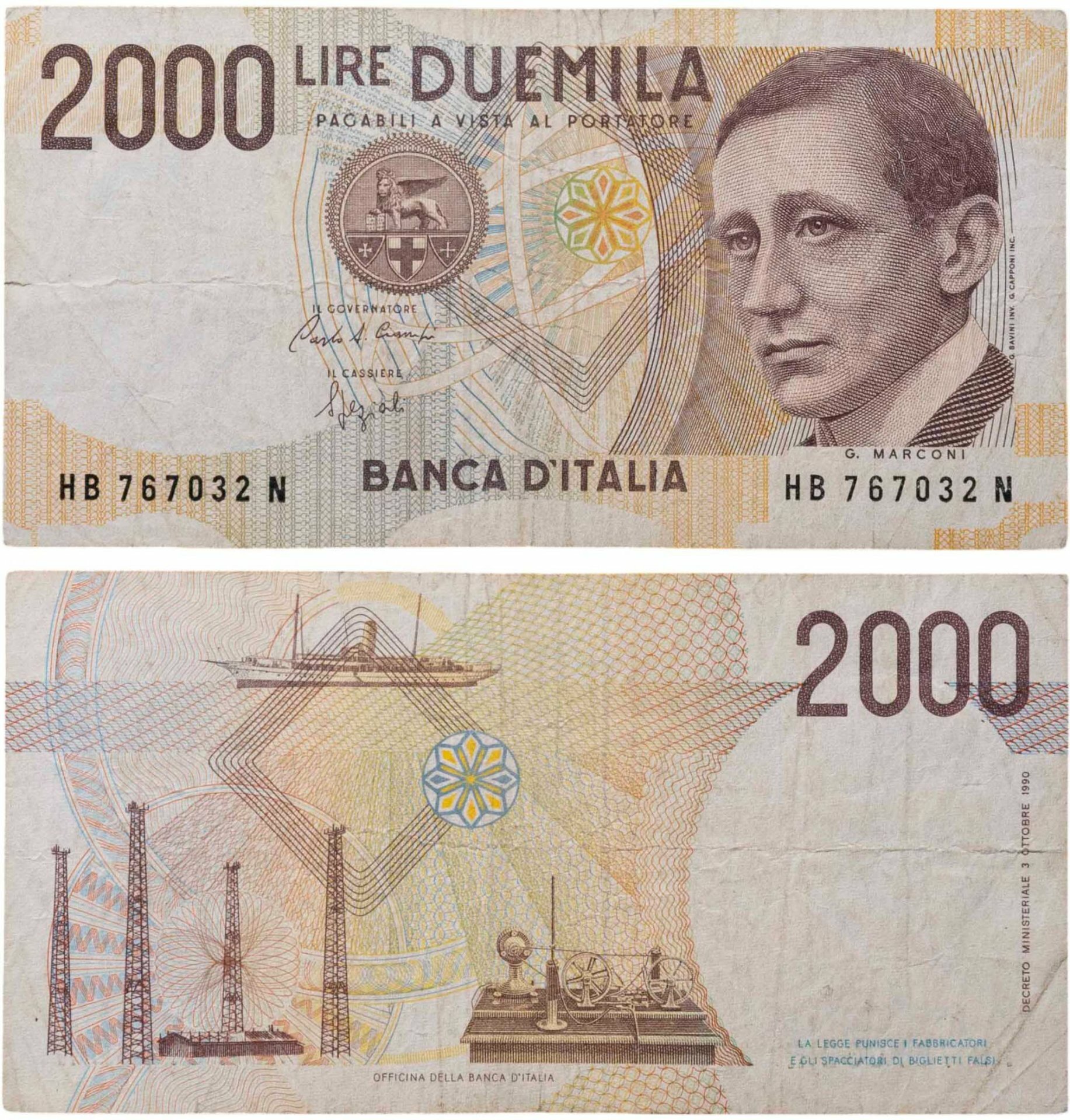 Италия 2000 лир 1990 года