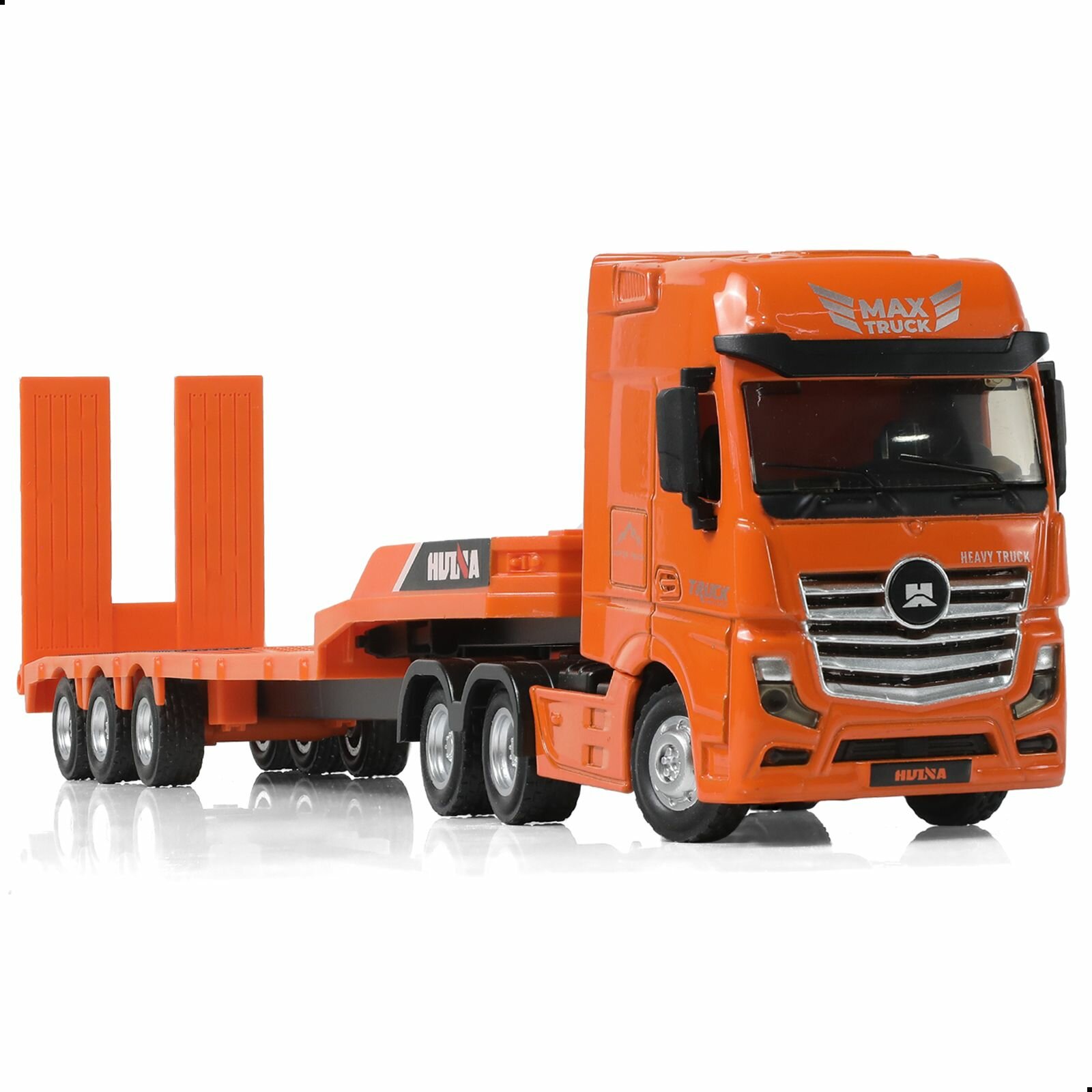 Игрушечный полуприцеп с бортовой платформой 1:50, большой литой тягач MAX Metal Model Transport, коллекционная модель и подарок для детей и взрослых оранжевый.
