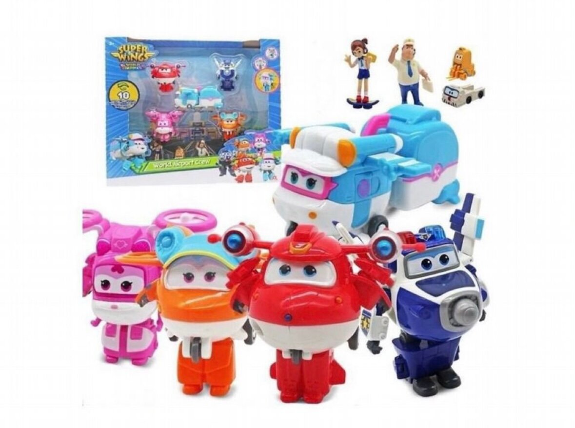 Super Wings Игровой набор Команда Аэропорта Супер Крылья 5 Мини-трансформеров и 4 мини-фигурки с Лайми и Санни