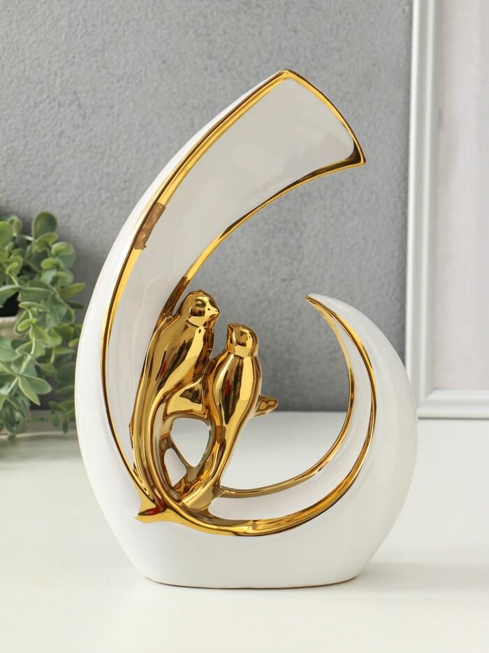 Фигура керамика Две птички. Абстракция , белый с золотом, 8 20 29 см