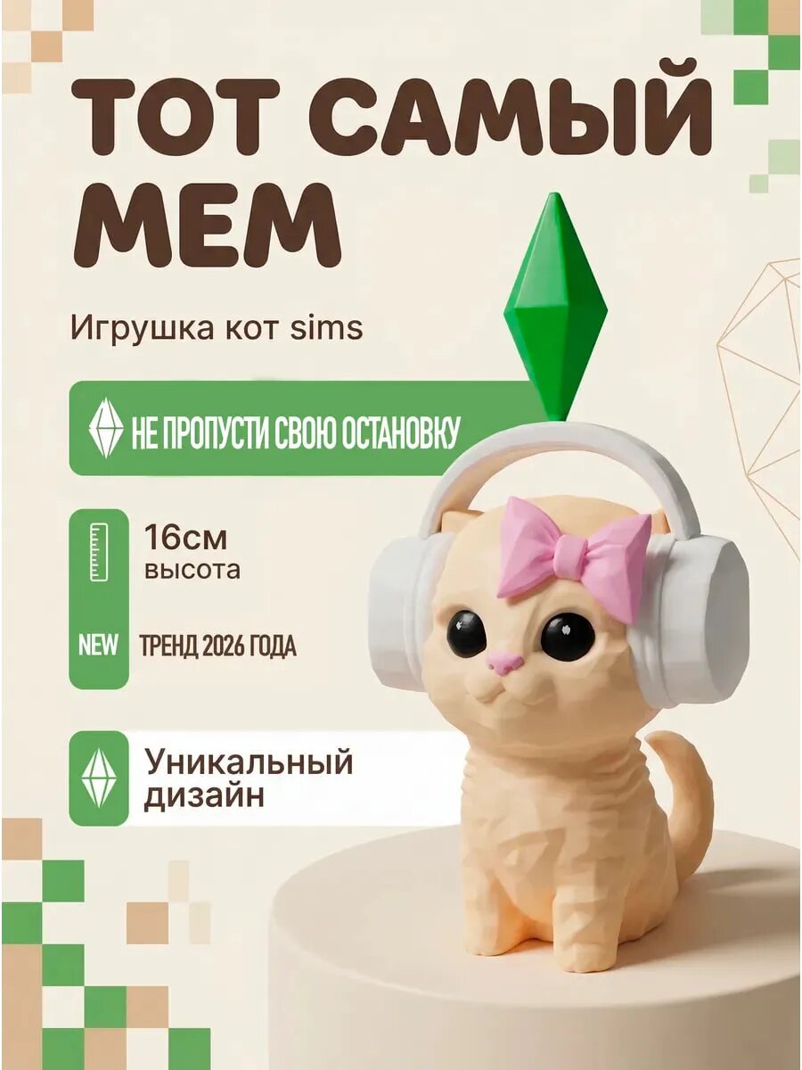 Кот в наушниках мем TikTok Sims подвижная игрушка антистресс