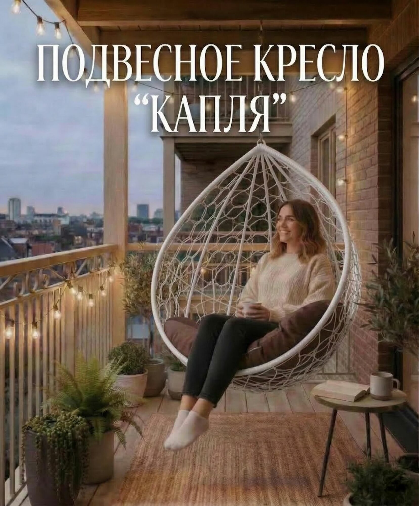 Подвесное кресло "Капля" без стойки, белое с коричневой подушкой, + цепь 2м