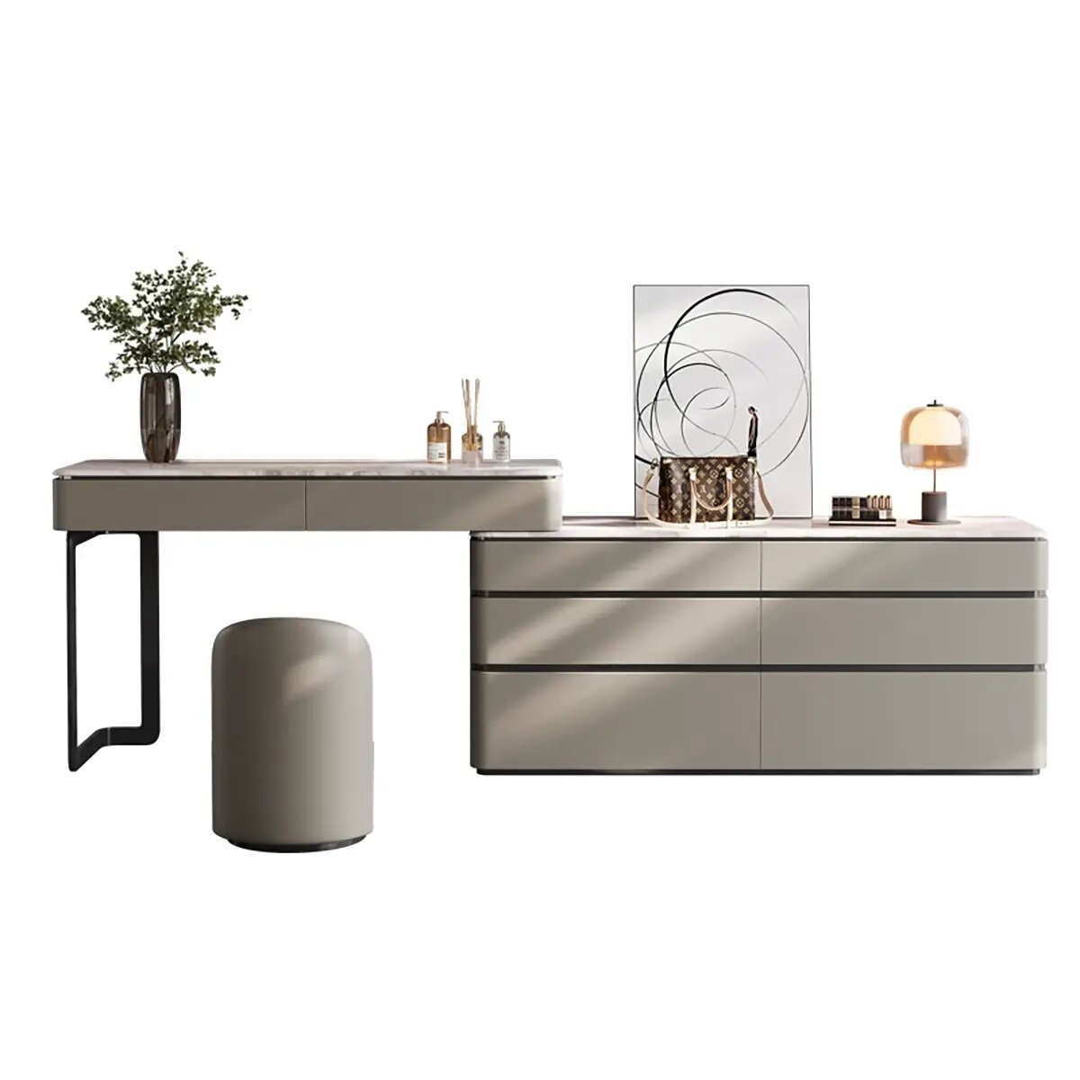 Туалетный столик с комодом 120 см Milana (столик 120 см + комод 120 см + пуф без зеркала, серый мрамор)