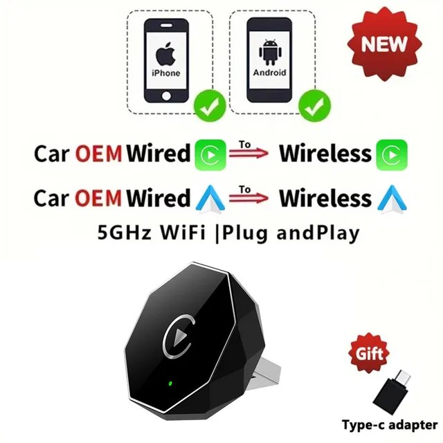Беспроводной адаптер CarPlay для автомобилей Android и Apple, проводной и беспроводной блок AI с USB-подключением, совместимый с Volvo, Mercedes-Benz, Kia, Chery, Volkswagen и другими моделями.