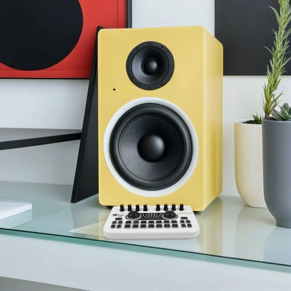 Беспроводной микшерный пульт с цифровой звуковой картой для караоке и домашнего стриминга белого цвета