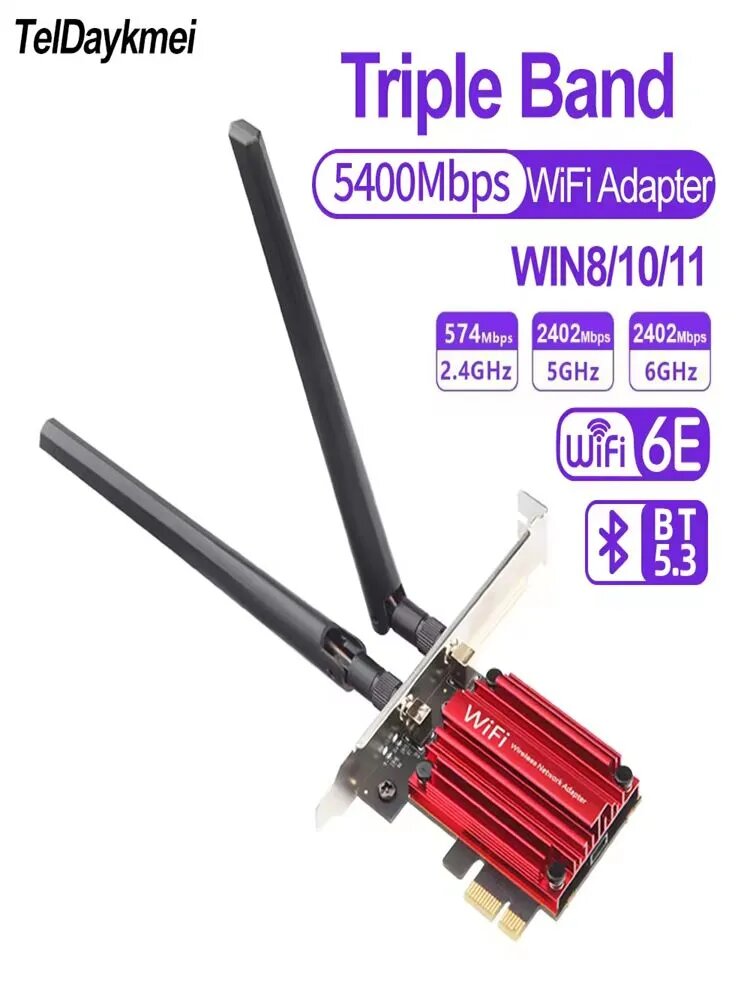 PCI-E WiFi 6E Адаптер 5374 Мбит/с Bluetooth 5.3 2,4 ГГц/5 ГГц Для настольных ПК Windows 10/11 Беспроводная сетевая карта