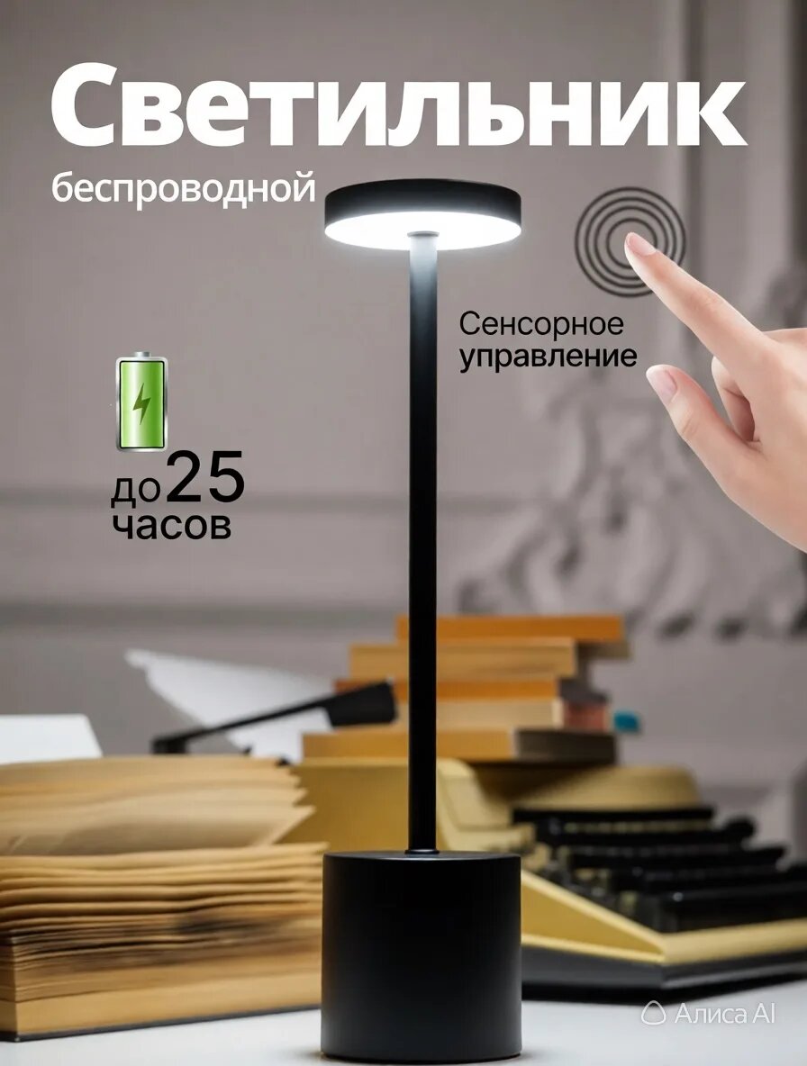 Светильник настольный, беспроводной, сенсорное управление, встроенный аккумулятор, черный