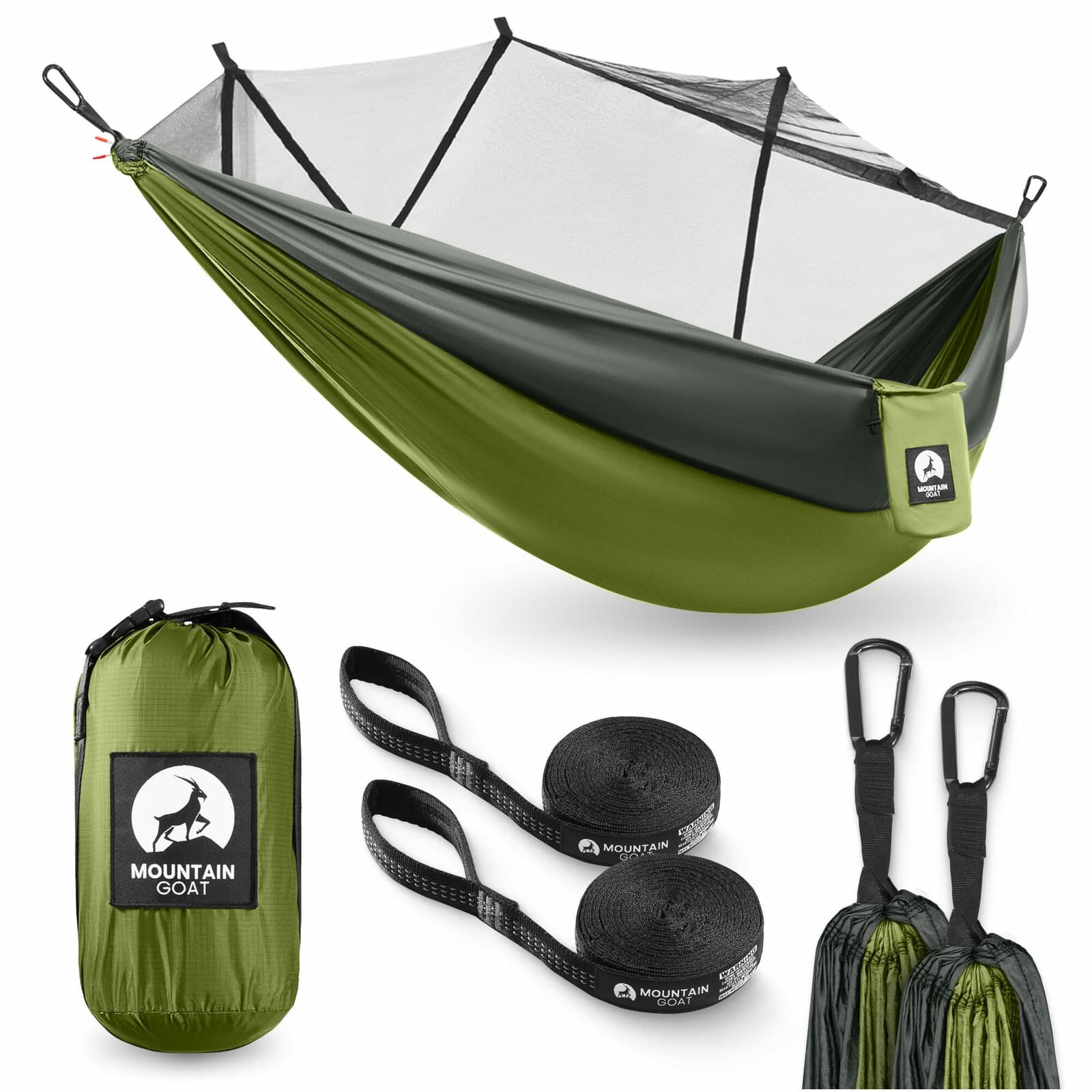 DECATHLON Гамак туристический односпальный Mountain Goat с москитной сеткой, зеленый/серый, 270x140 см, 200 кг
