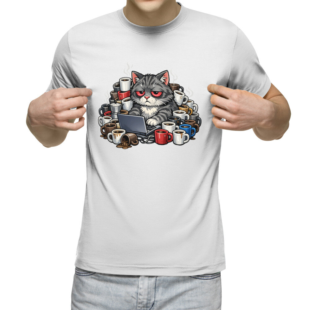 Мужская футболка «Кот-программист» (белый, 2XL)
