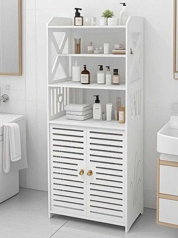 Шкаф пенал для ванной, белый, стеллаж в ванную напольный, с держателем для туалетной бумаги, 40х25х120 см