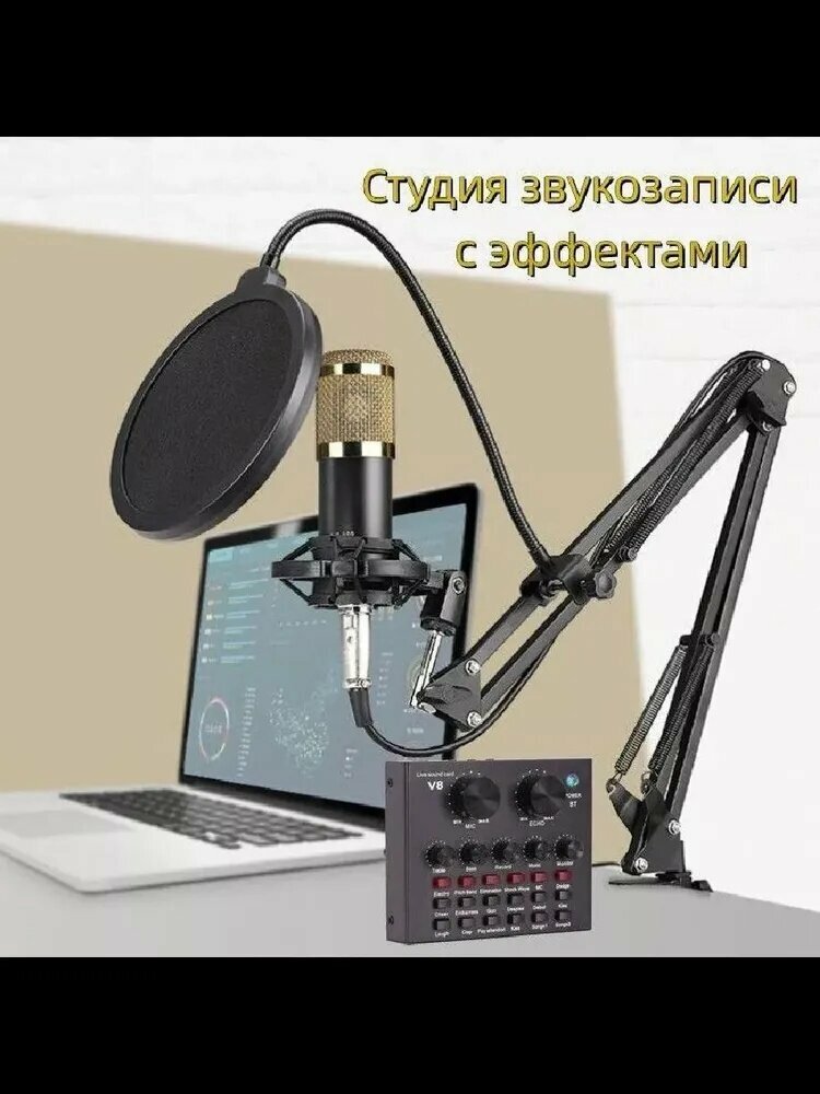 Студийный комплект для звукозаписи студийный V8 Студийный комплект для звукозаписи универсальный , вокальный процессор с микрофоном, золотой, черный матовый